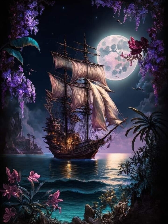 Алмазная мозаика "Корабль в море, луна". На подрамнике, 5D, 40x50 см