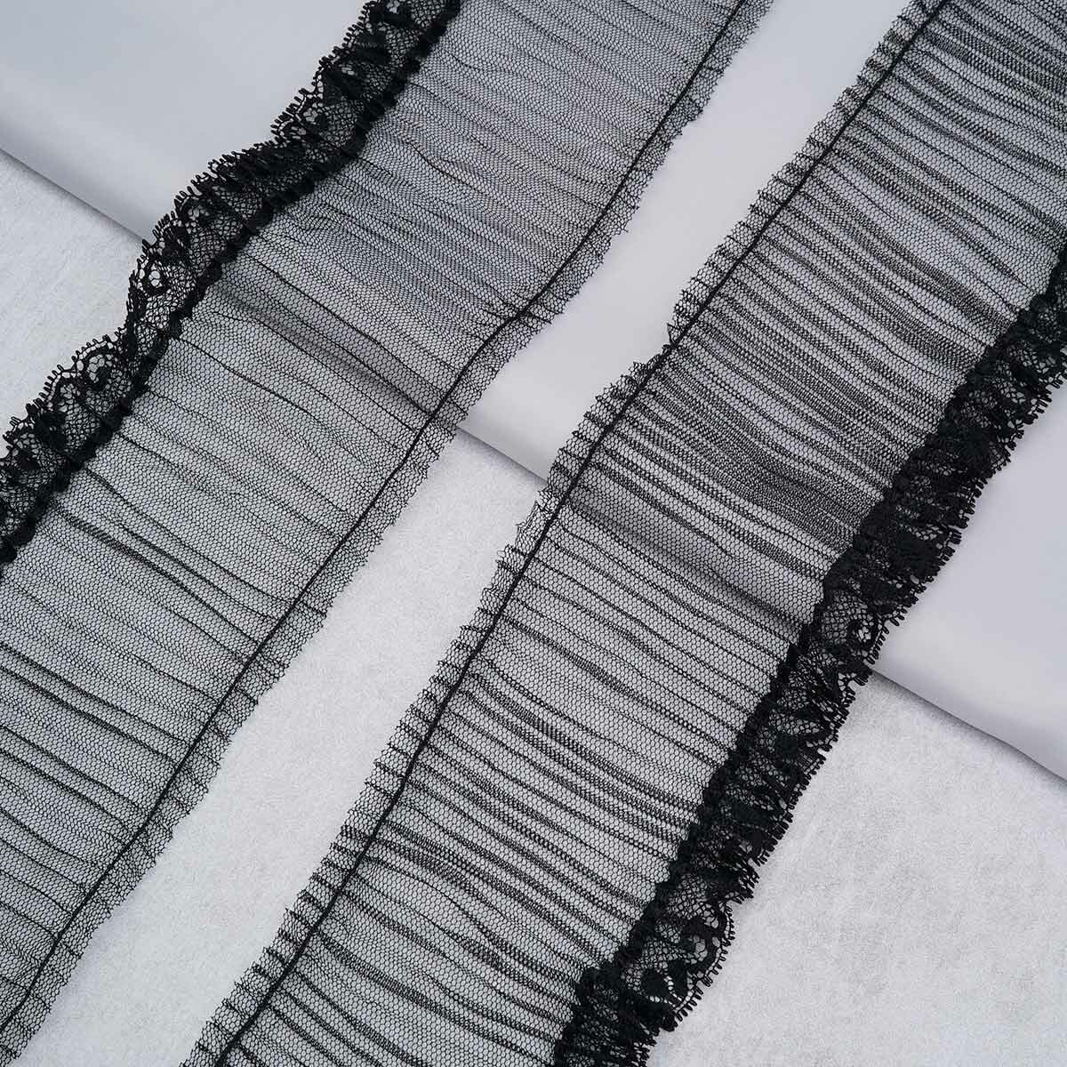 3Al164 Кружево плиссированное (складка плиссе) 9,5см*45,72м, цв. черный, 45.72 м