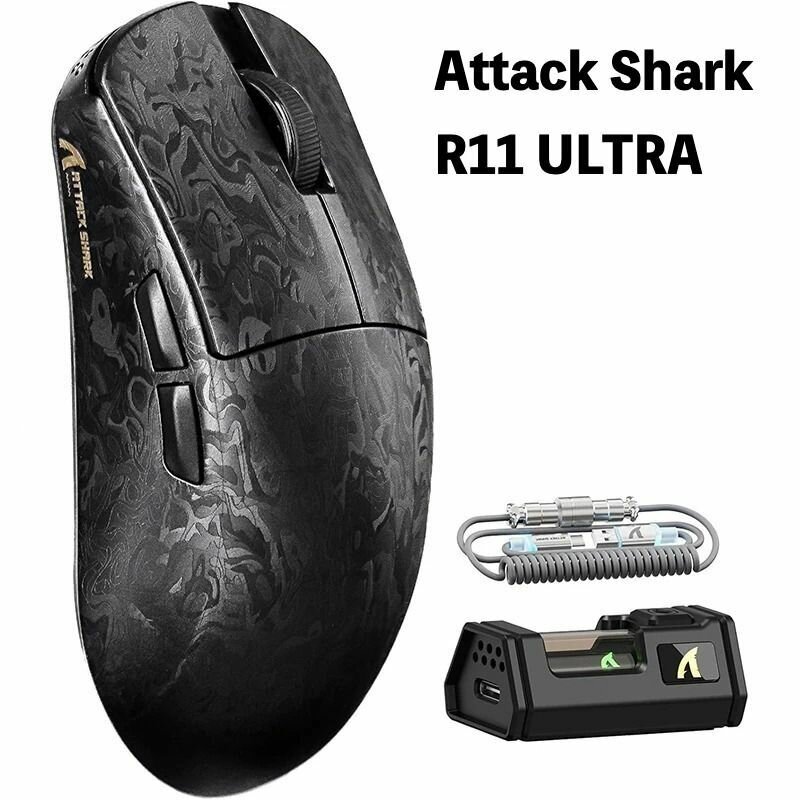 ATTACK SHARK R11 Ultra Беспроводная игровая мышь из углеродного волокна 8K с разрешением 42000 точек на дюйм-Максимальный сенсор PAW3950-Вес 49 г