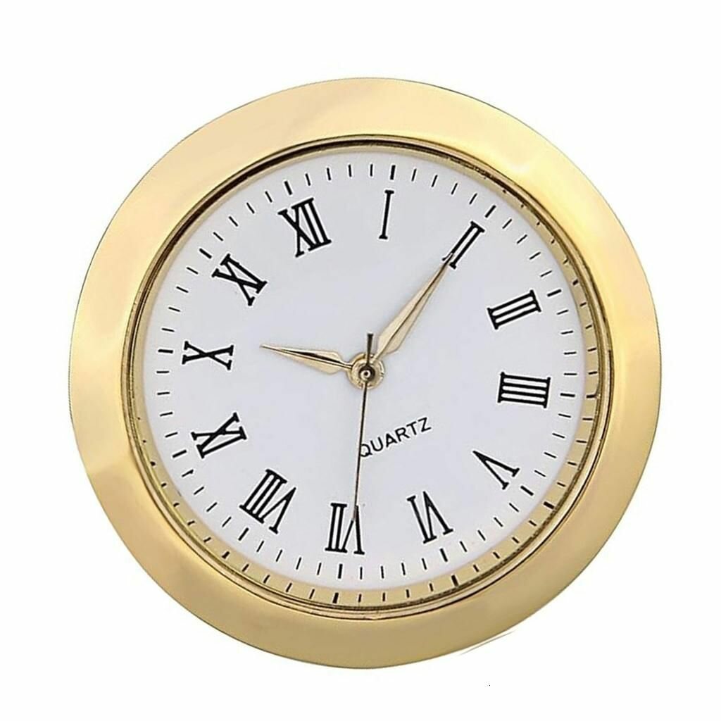 Круглые металлические часы с римскими цифрами, - белое пзу в золотой рамке