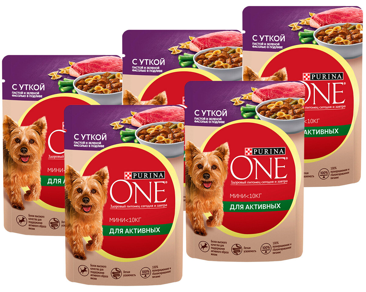 Корм влажный Purina One Мини для взрослых активных собак мелких пород, утка, паста и зеленая фасоль в подливе, 85 гр х 5 шт