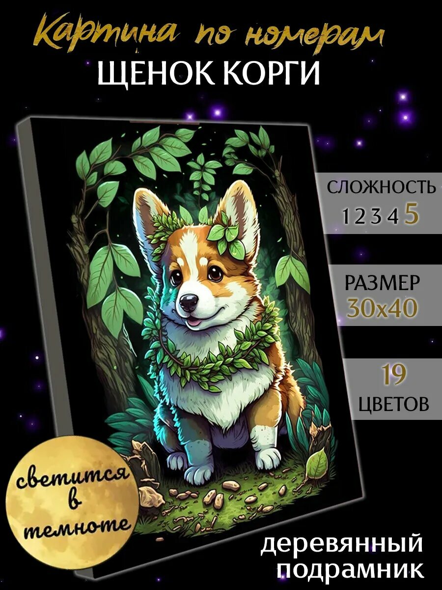 Флюид Картина по номерам "Щенок корги" чёрный холст, 30х40 см