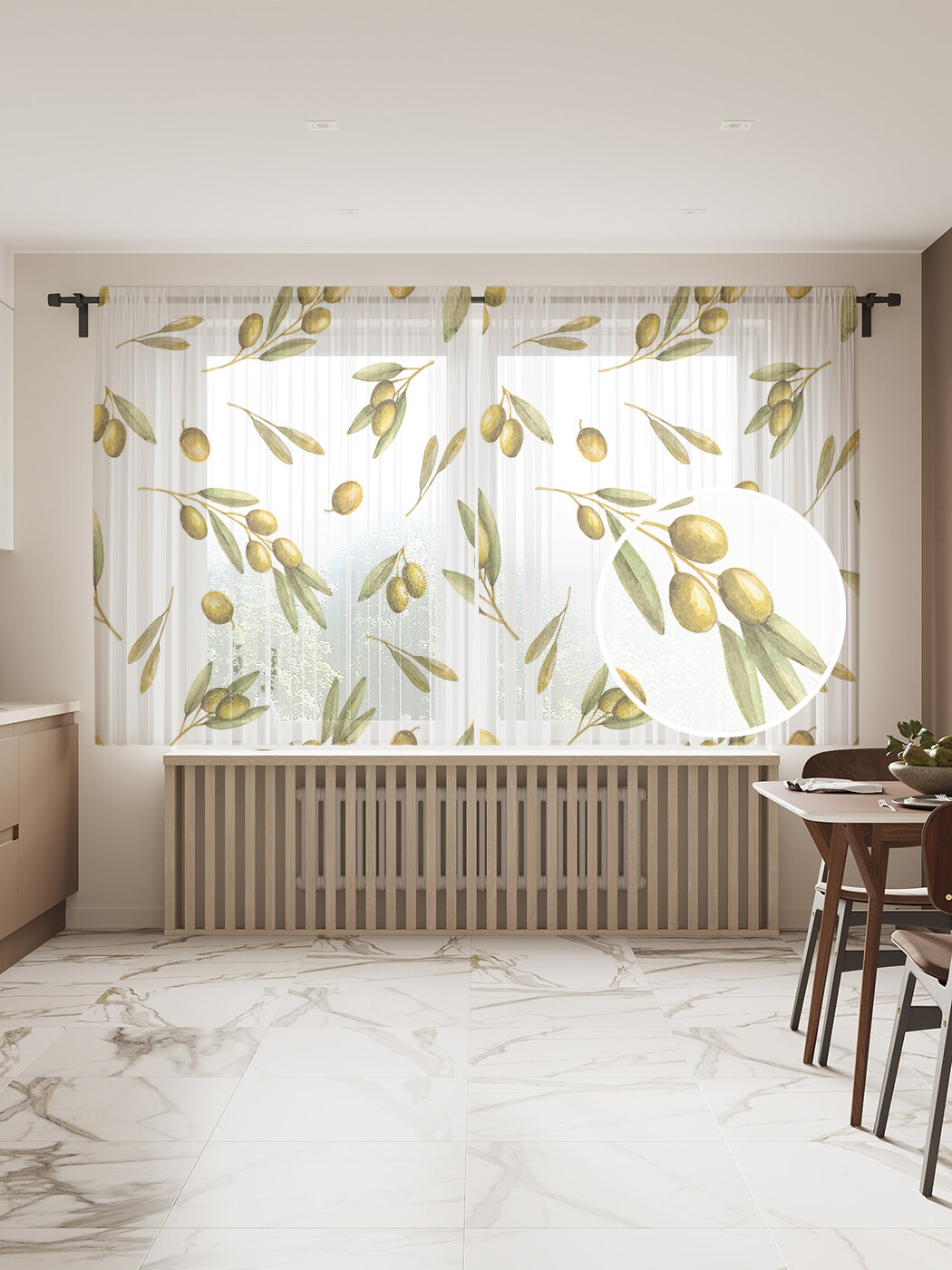 Тюль, фототюль короткий "Летящие оливки" высота 180 см, ширина 145 см (по 2 полотна), JoyArty