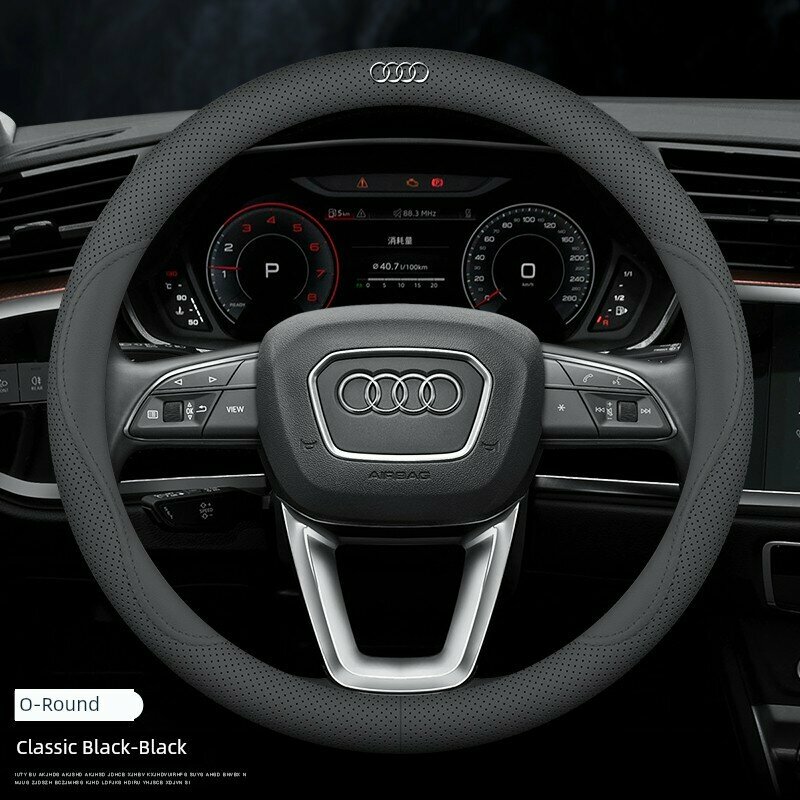 Полностью кожаный чехол для руля Audi с логотипом, двойные черные полосы - подходит для моделей Q5L A4L A3 A6L Q3 Q2L