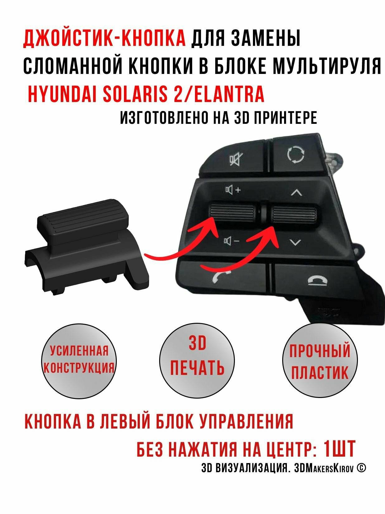 Джойстик-кнопка громкости мультимедии руля Solaris 2/Elantra. На левый блок (без нажатия на центр)