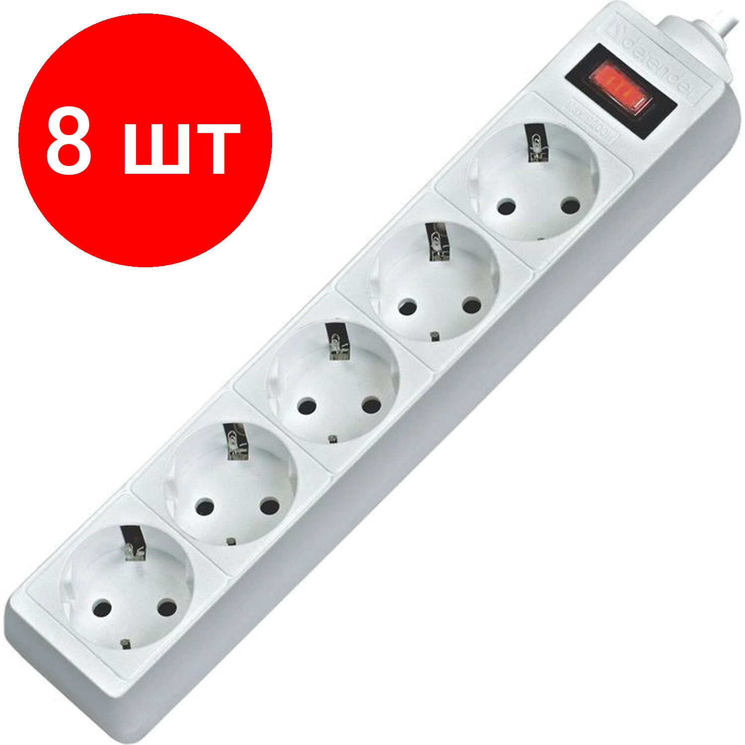 Комплект 8 шт, Сетевой фильтр DEFENDER ES, 5 розеток, 1.8 м, белый, 99481