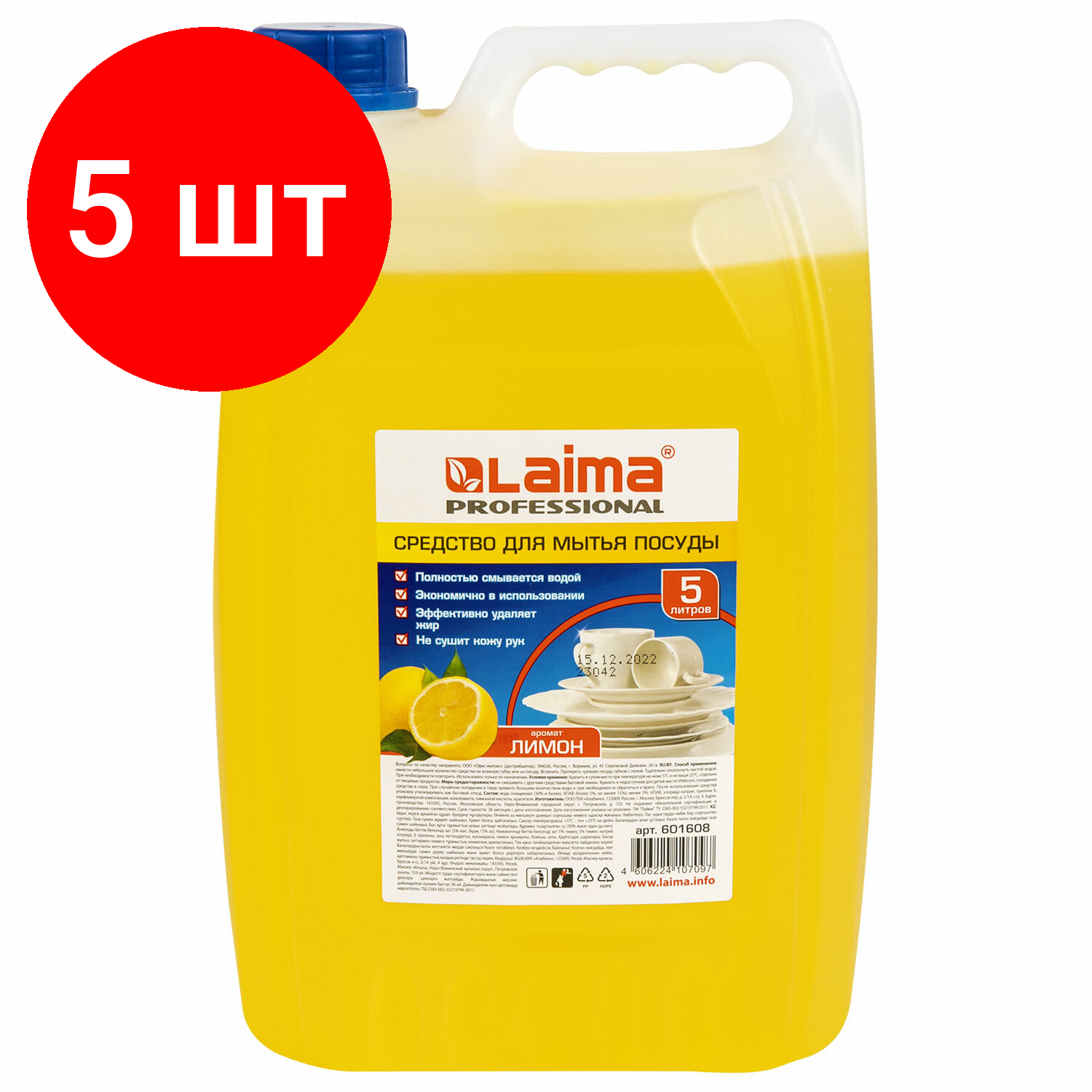 Комплект 5 шт, Средство для мытья посуды 5 л, лайма PROFESSIONAL, концентрат, "Лимон", 601608