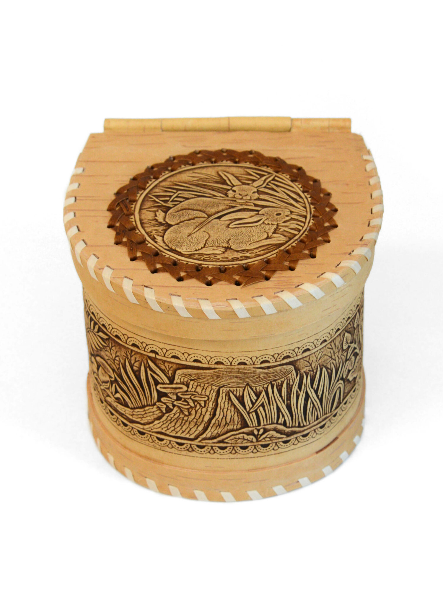 Булочница из бересты на шарнире "Зайцы". Конфетница. Шкатулка