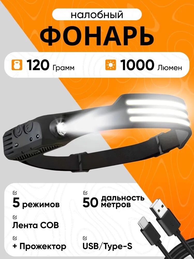Налобный фонарь 1000 Люмен 5 режимов COB LED + Прожектор USB/Type-S 120 грамм