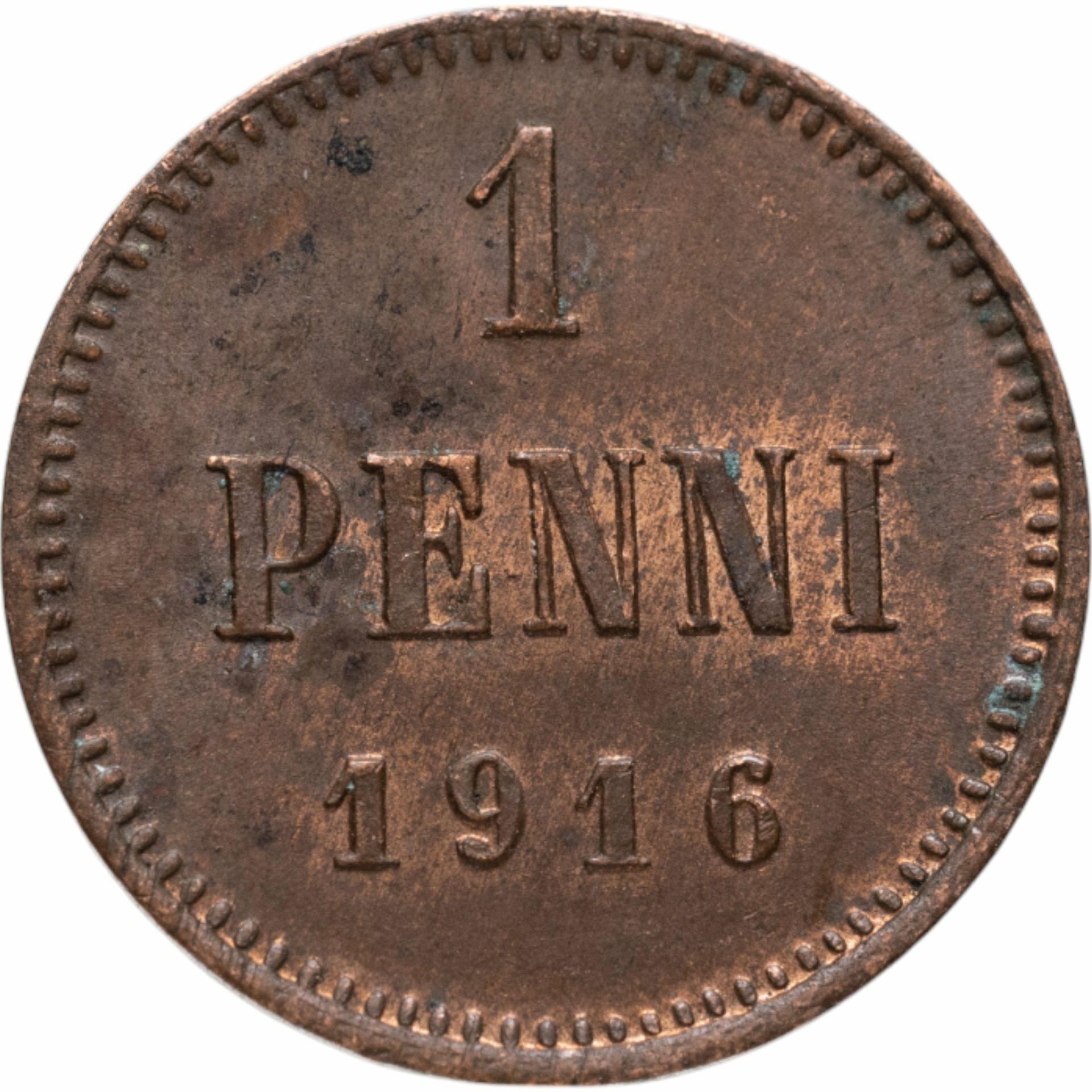 1 пенни penni 1916 Российская Финляндия, Медь, в сохранности AU