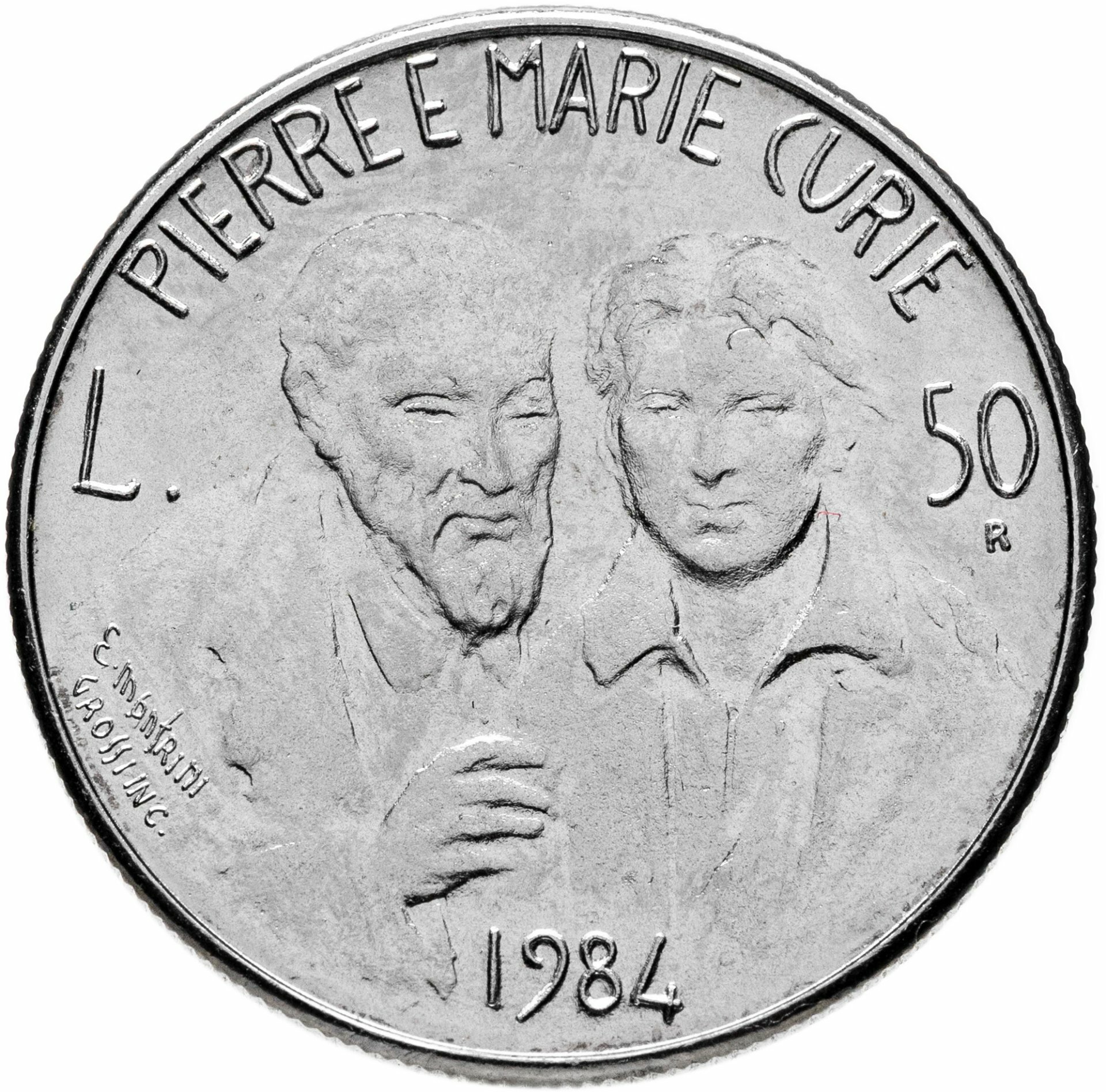Сан-Марино 50 лир 1984 "Учёные - Пьер и Мария Кюри", Нержавеющая сталь, в сохранности UNC