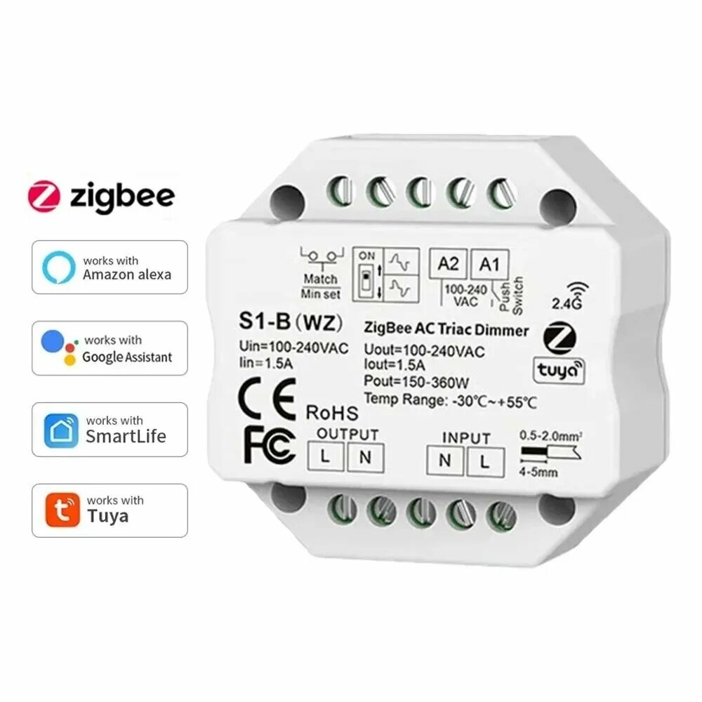 S1-B Tuya Zigbee RF AC Triac Dimmer LED Controller Push Switch Control 110V 220V 230V Smart Life APP для Alexa Assistant