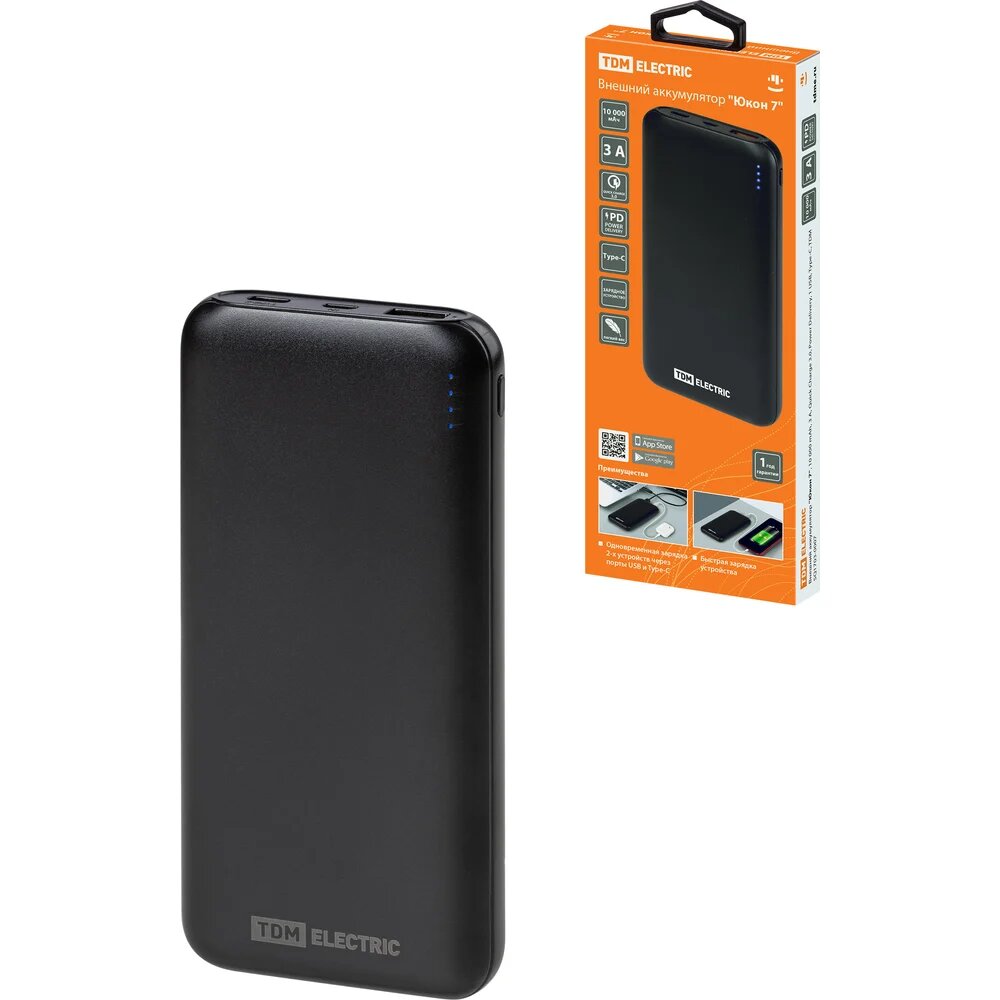 Внешний аккумулятор "Юкон 7" TDM ELECTRIC 10 000 mAh, 3 А, Quick Charge 3.0, Power Delivery, 1 USB, Type-C SQ1703-0007