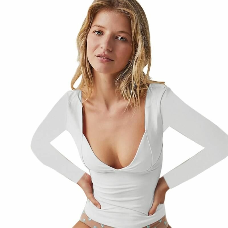 Женская обтягивающая футболка с глубоким вырезом, Белый - L