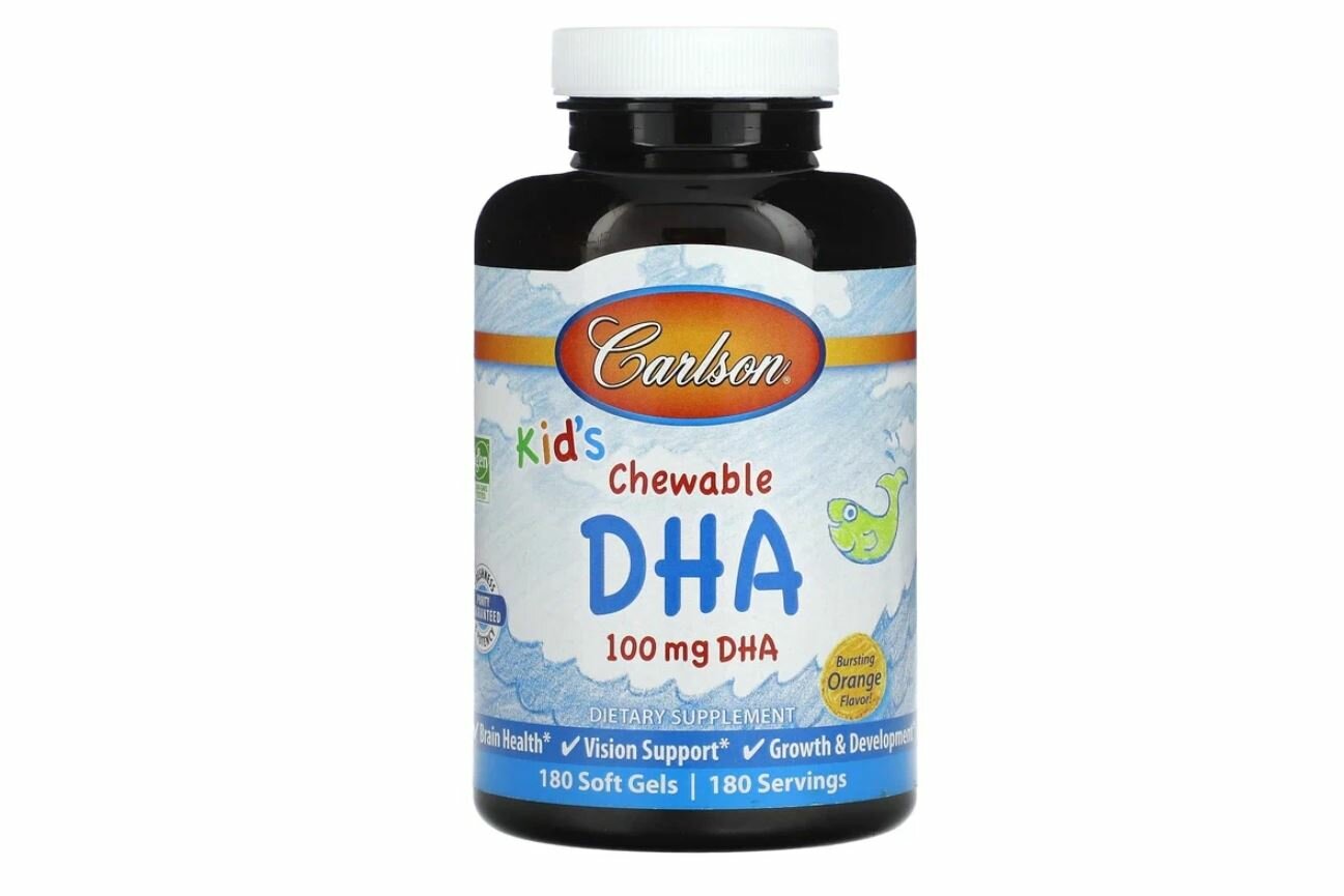 Carlson Labs Kids Chewable DHA Жевательная ДГК для детей, взрыв апельсинового вкуса, 180 мягких капсул