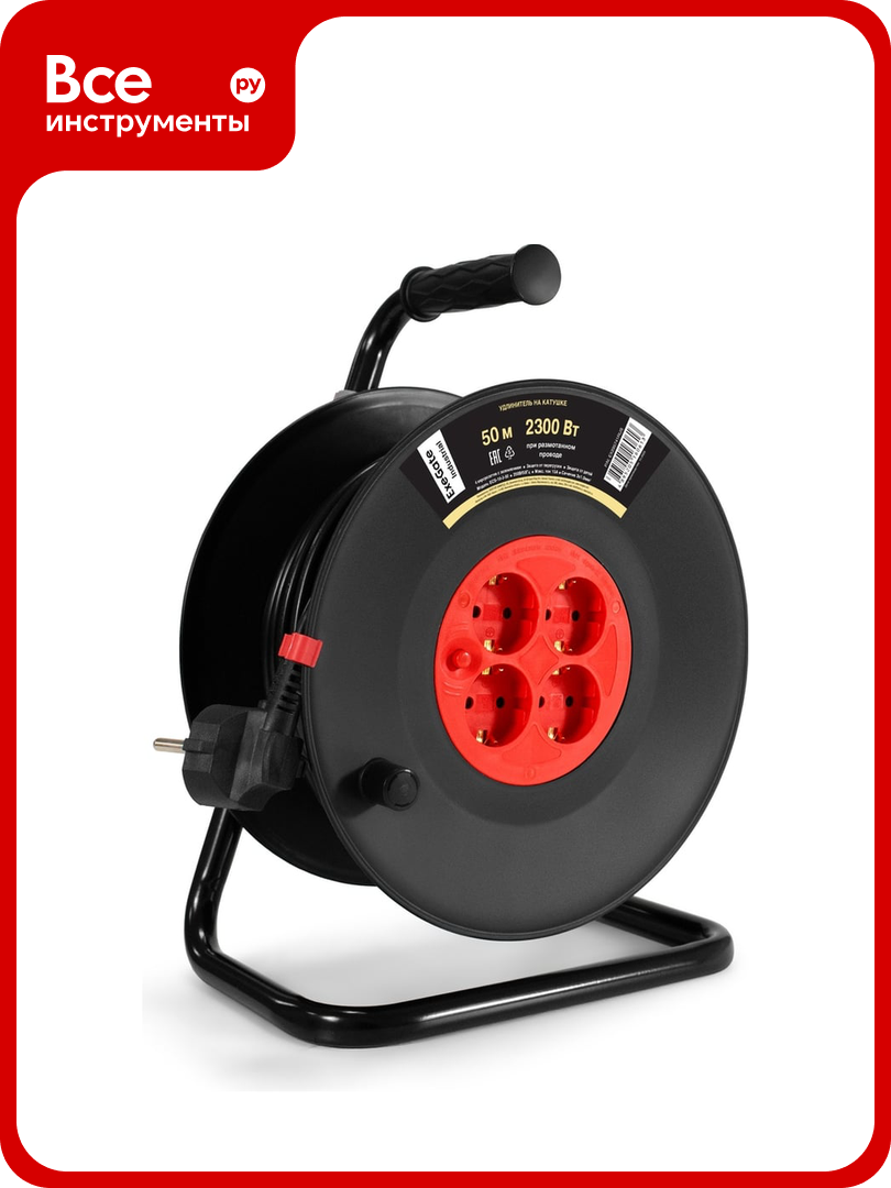 Удлинитель на катушке ExeGate industrial ECS-10-3-50 4 евророзетки с заземлением, IP20, 50м, защита от детей, защита от перегрузки, 3x1,0мм2, 10А/2.3кВт 295741