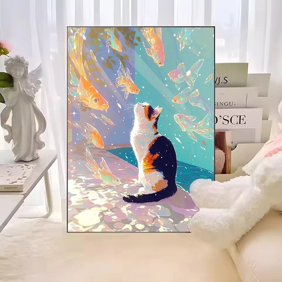 Алмазная вышивка "Кошка с рыбками", 50x70 см, WKL50920E-1