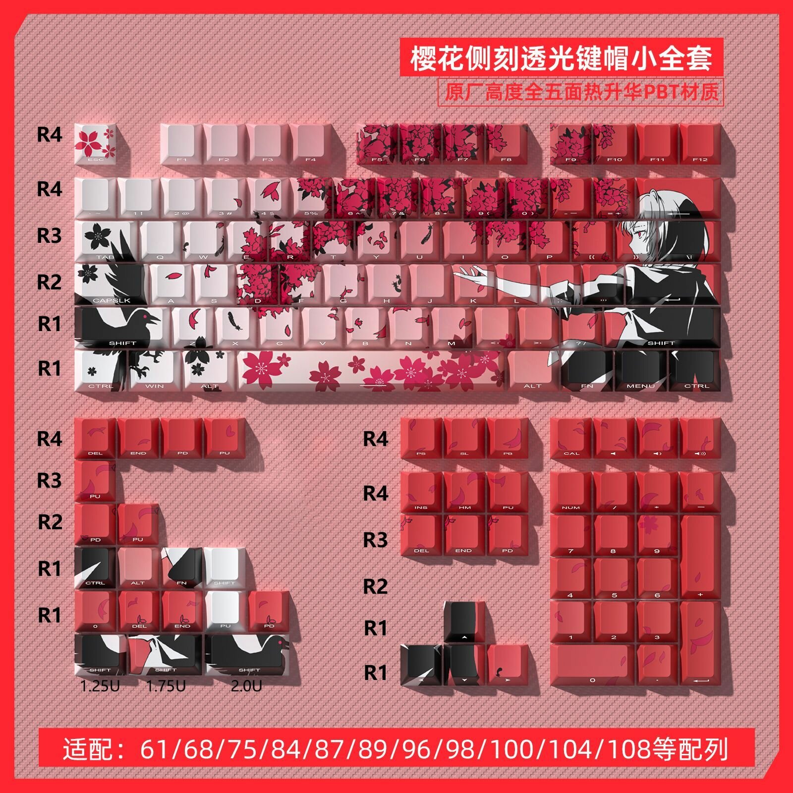 Кейкапы для механической клавиатуры, Sakura, PBT клавиши (Красный)