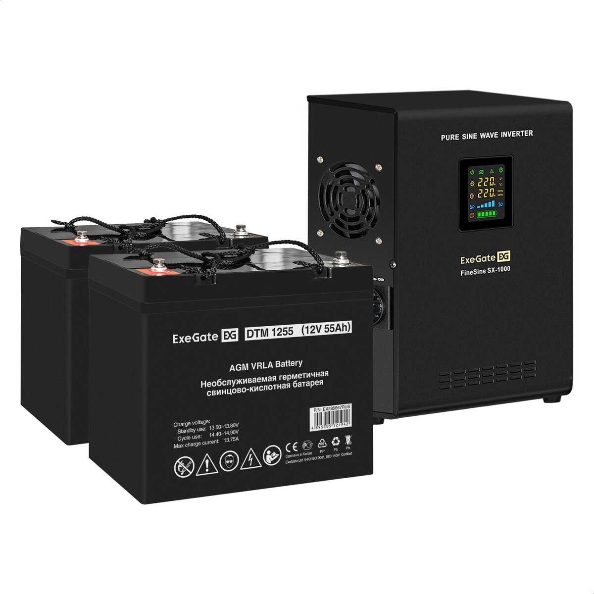 Комплект ИБП EX295997RUS + батарея 55Aч EX285667RUS 1шт ExeGate FineSine SX-1000. LCD. AVR.2SH 1000ВА/600Вт