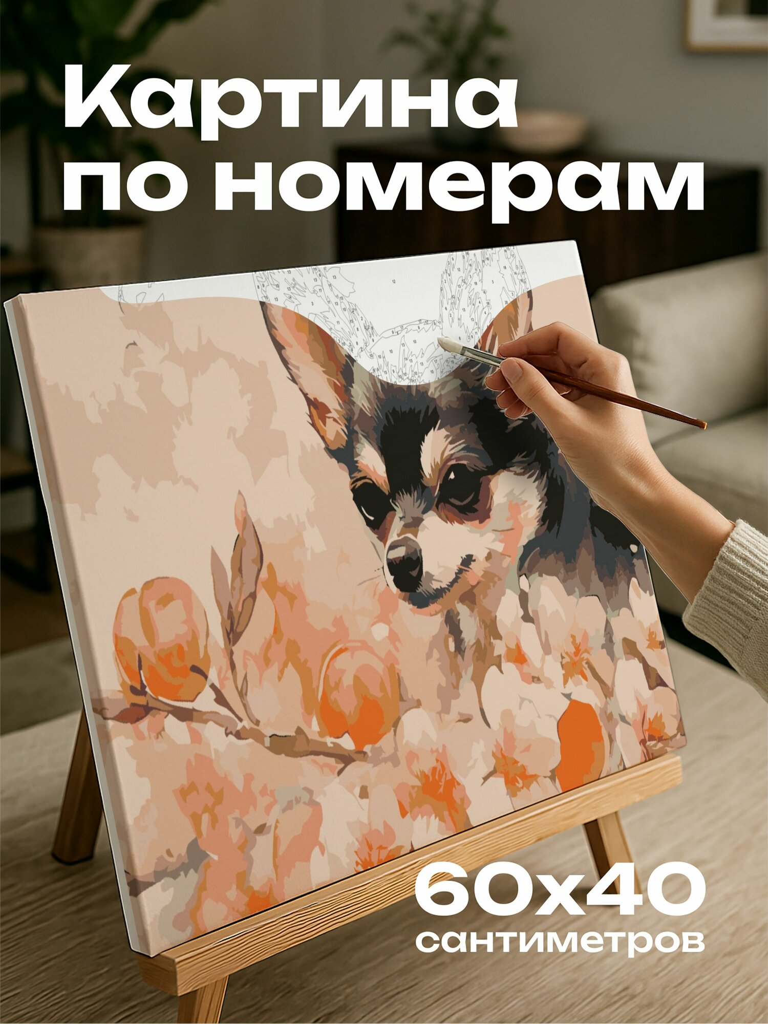 Картина по номерам 60x40 см, акварель, чихуахуа, персик, мягкие оттенки, нежные мазки, спокойствие, радость, уют