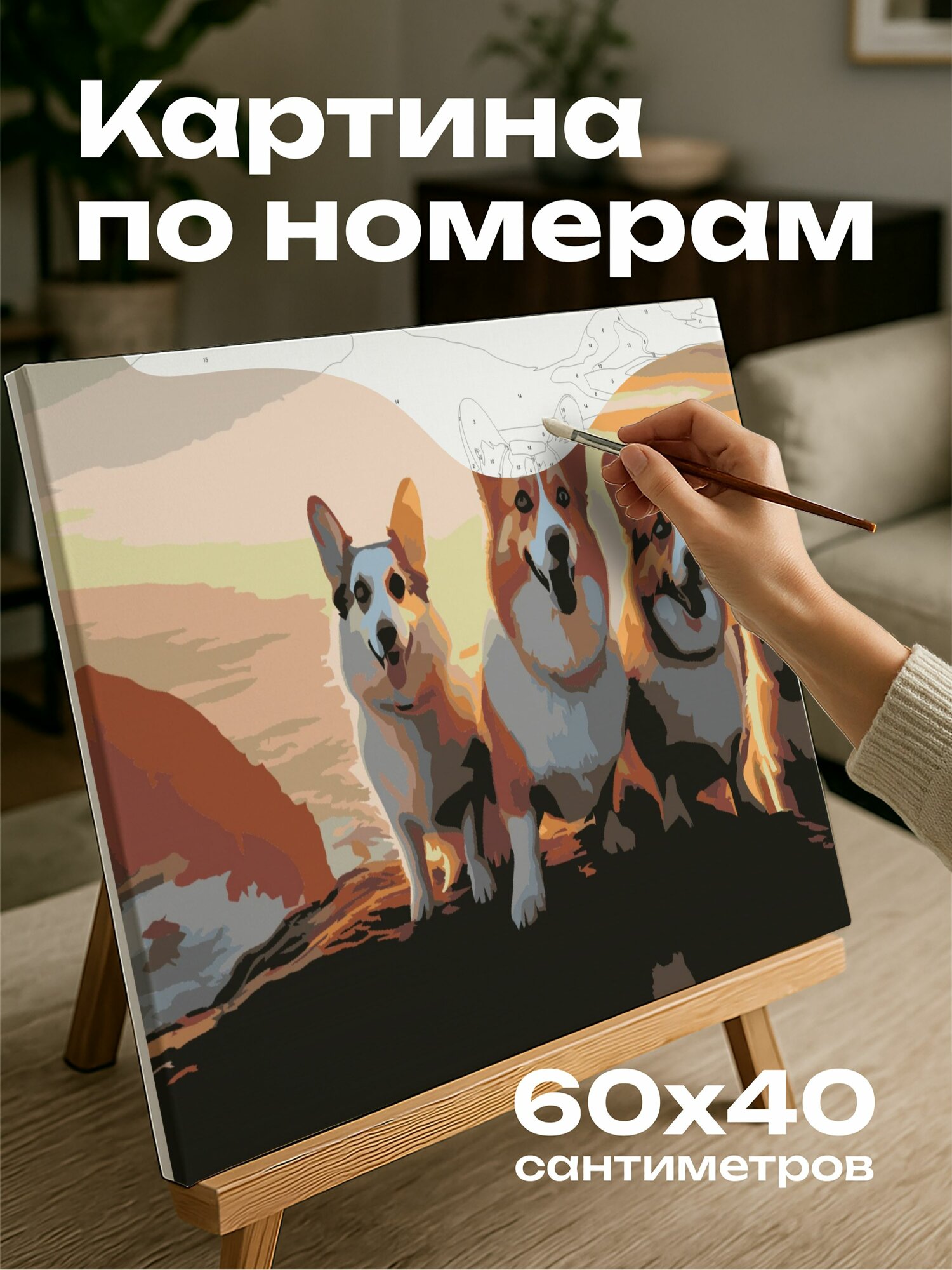 Картина по номерам 60x40 см, фотография, группа корги, утес, вид, просторы, холмистая местность, океан, выражения лиц