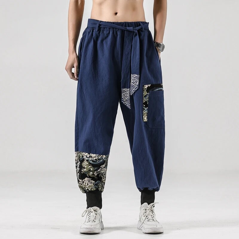 Мужские льняные штаны китайского стиля, dark blue, 5XL