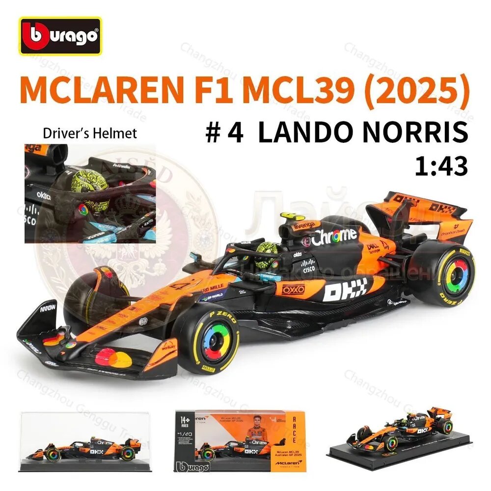 Акриловая прозрачная коробка Bburago 1:43 Гран-при Австралии 2025 года Mclaren MCL39 Формульный болид Формулы-1, Литые под давлением автомобили, коллекционная модель гоночных игрушек