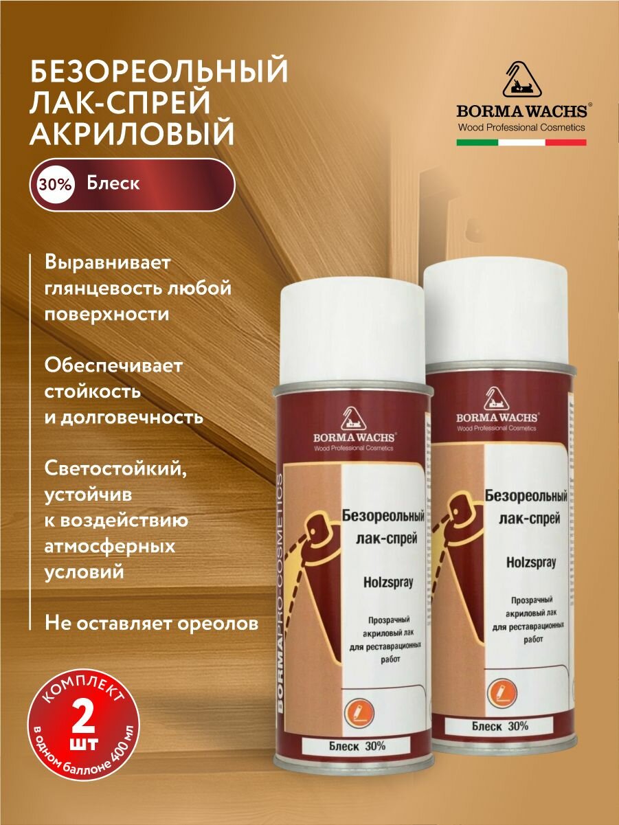Лак спрей для реставрационных работ акриловый Holzspray 30% блеск 400 мл, 2 шт
