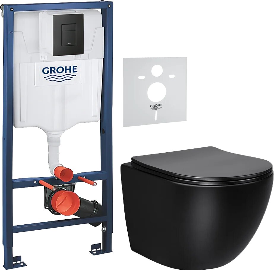 Комплект 3 в 1 Унитаз подвесной Vincea Globo VT1-14SMB / Звукоизоляция Grohe 37131000 / Инсталляция с кнопкой Solido 38811KF0 цвет черный