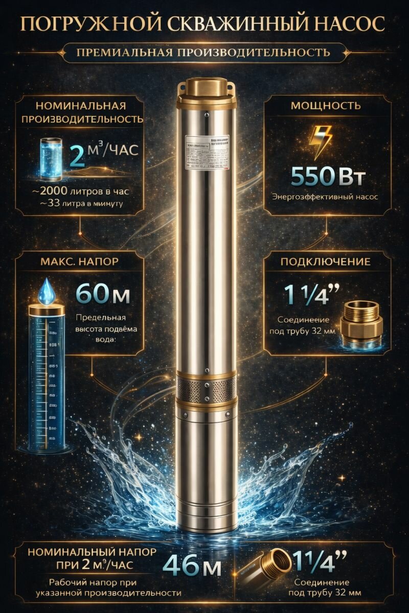 Насос скважинный SMS-75 QJD 217- 0.55 кВт. кабель 30м (60м макс/46м номинал/DN11/4')