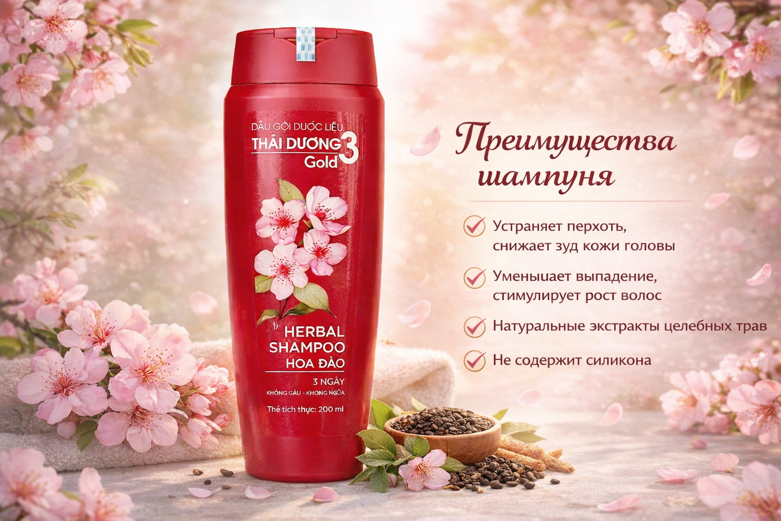 Шампунь Thái Dương 3 «Цветки персика» (Hoa Đào) делает волосы мягкими, гладкими и объемным, 200 мл