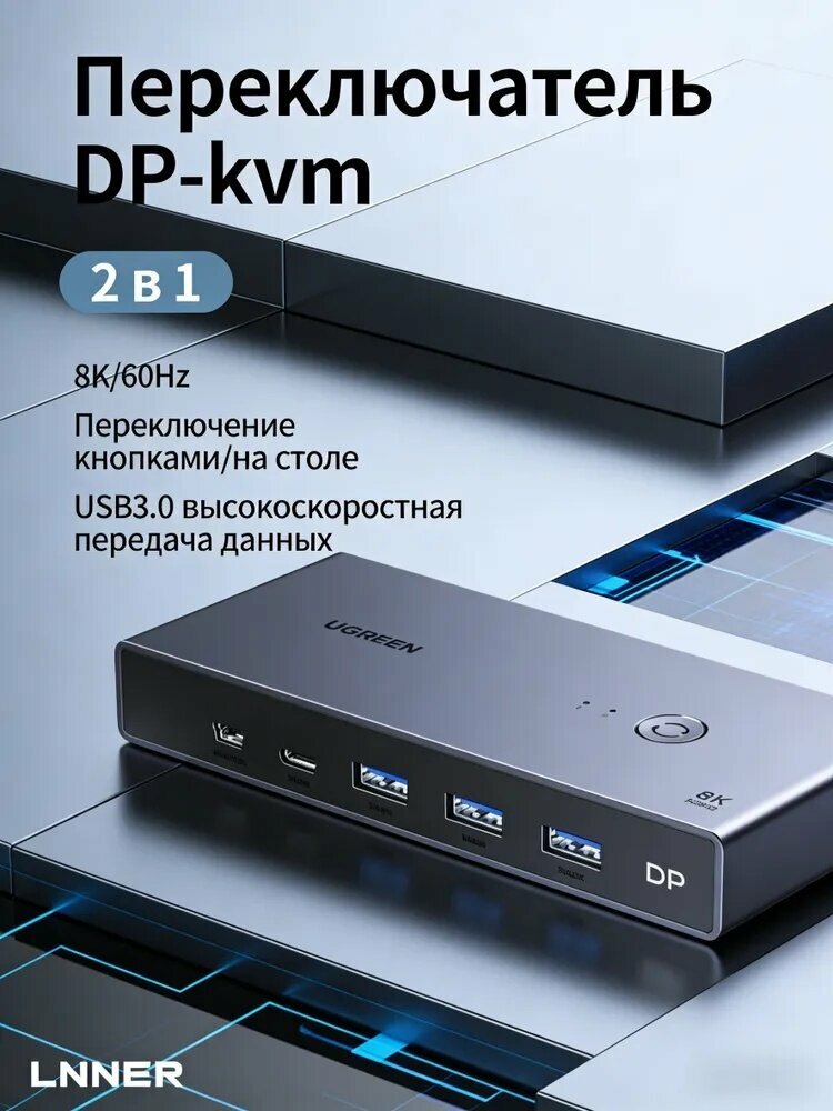 KVM-переключатель UGREEN CM695, 25150 DP1.4 2-вход, 1 выход (2 компьютера на 1 монитор, включая совместное использование мыши и клавиатуры)