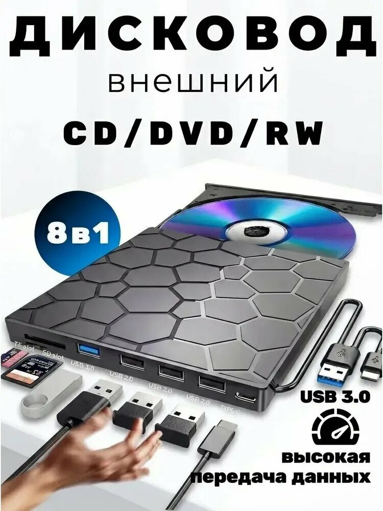 Внешний CD/DVD-привод для ноутбука, DVD-плеер для ноутбука, Ультратонкий портативный USB 3.0 8 в 1, внешний дисковод для записи DVD/ CD, плеер и записывающее устройство CD/VCD/DVD