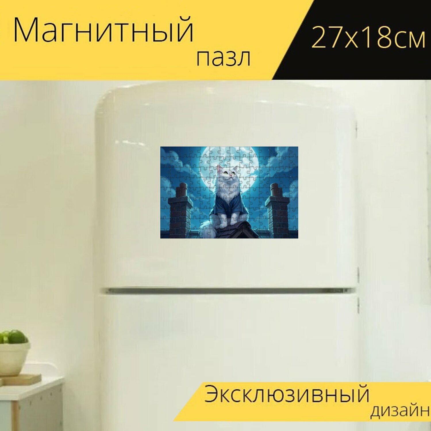 Магнитный пазл "Белый кот на крыше ночью. Пушистый домашний питомец сидит на коньке дома на фоне полной луны и облаков. Сказочная цифровая иллюстрация в." на холодильник 27 x 18 см.