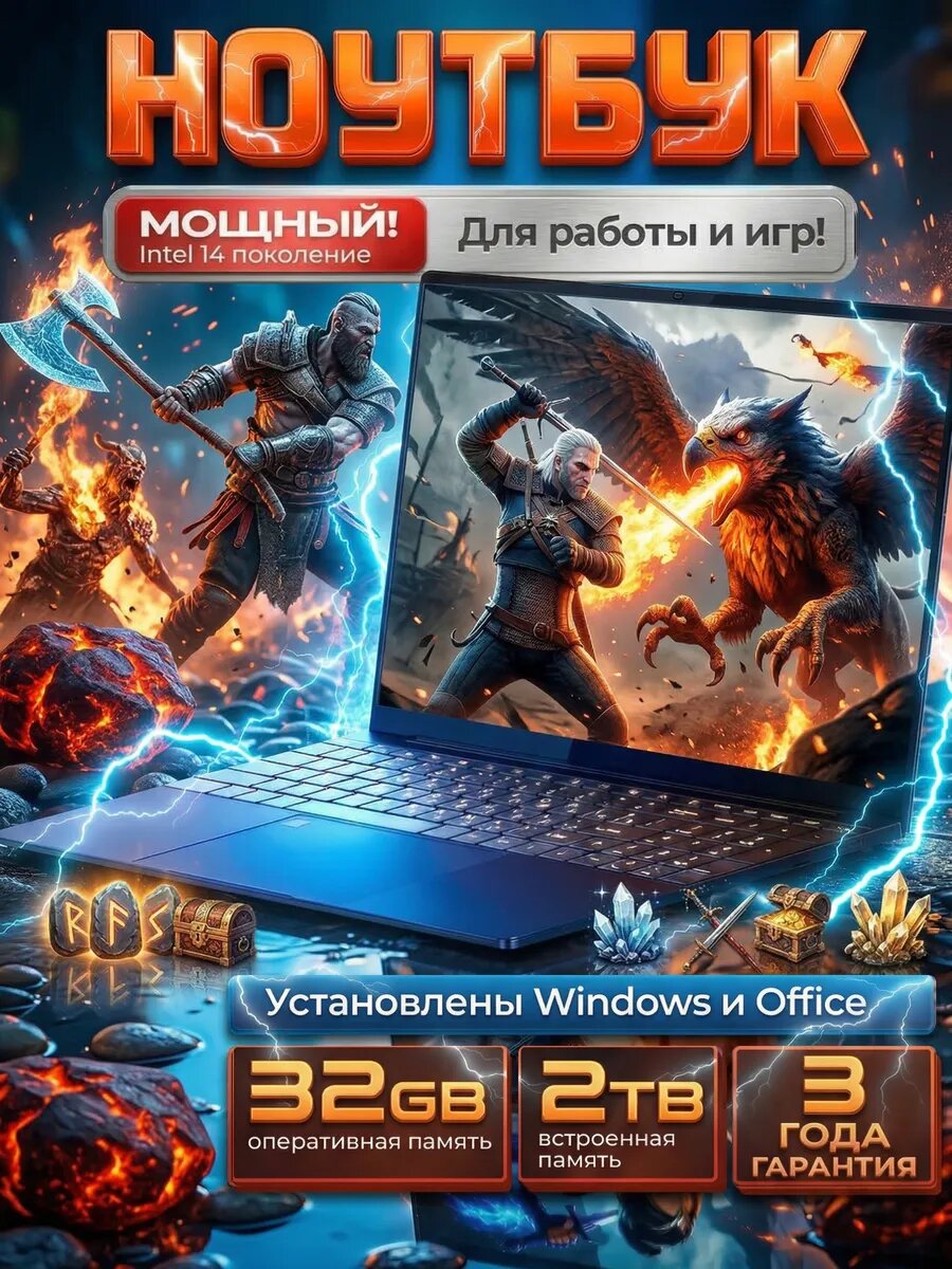 Ноутбук игровой 2026 Intel H-series, RAM 32GB, SSD 2048GB, IPS + Windows, Office