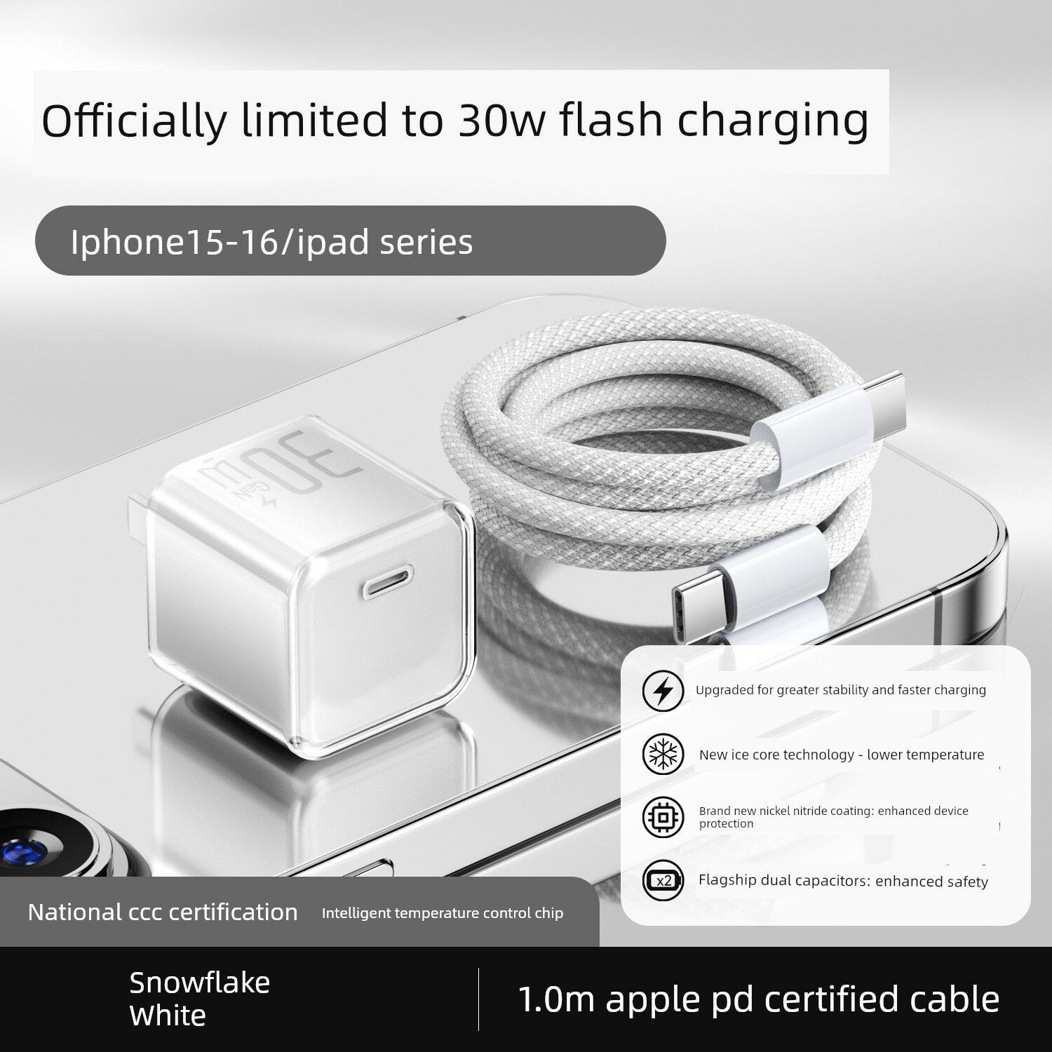 30W GaN USB-C адаптер с 1.0м кабелем Dual USB-C быстрой зарядки для iPhone 15-16 серии, цвет снежный белый
