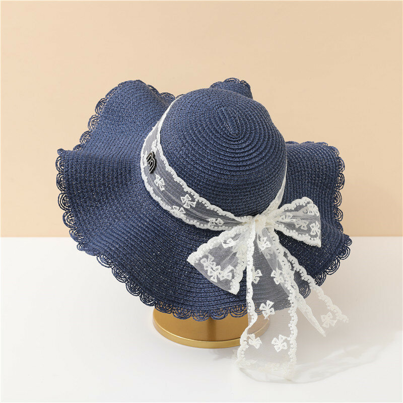 Новая летняя солнцезащитная соломенная шляпа, большая пляжная шляпа, женская уличная шляпа от солнца с большими полями, кружевные ленты с полями, морская волна