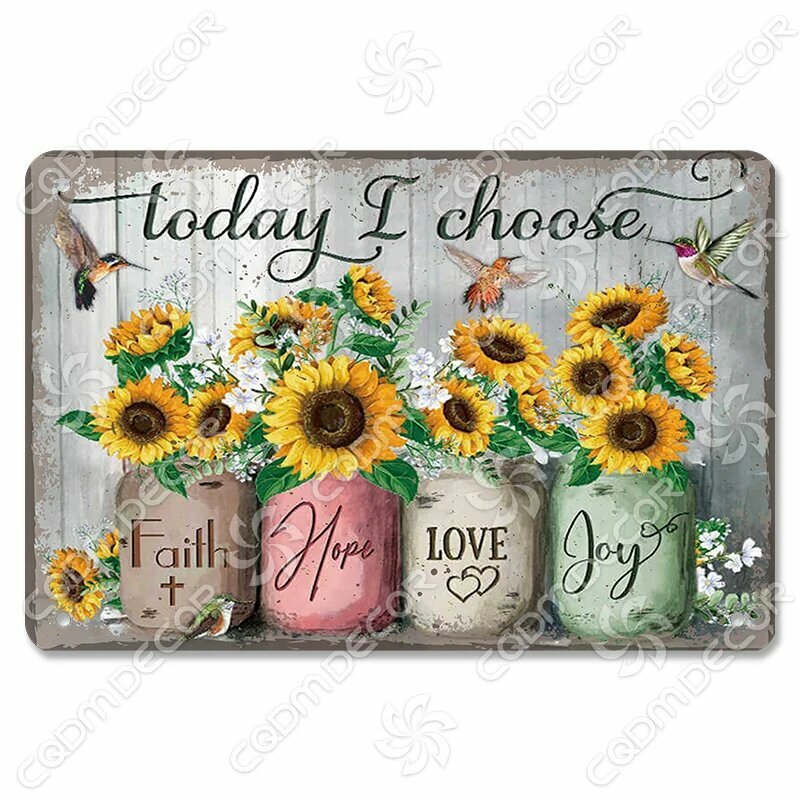 Металлическая табличка "Today I Choose" с подсолнухами и птицами, Цвет: 01