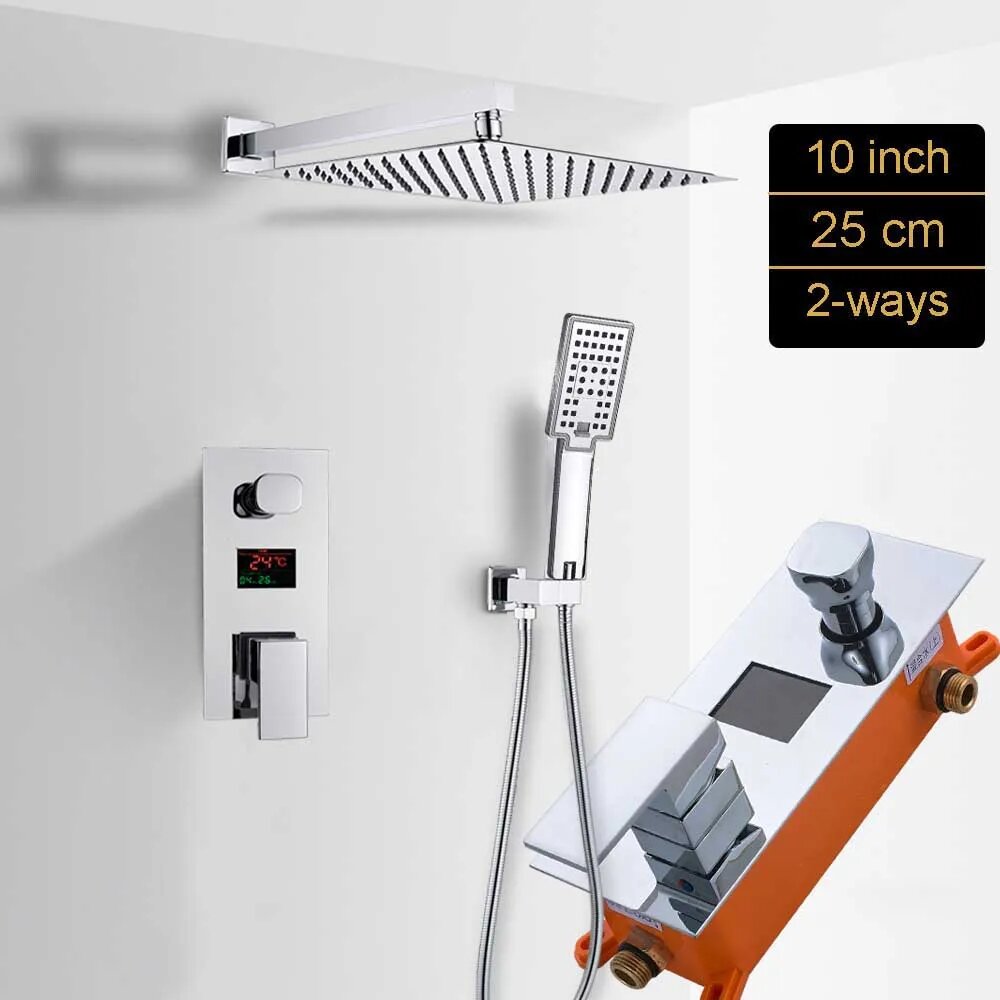 Chrome смеситель для душа в ванной встраиваемый в стену дождевой душевой насадок с цифровым дисплеем температуры система душа-10 дюймов 2-ходов