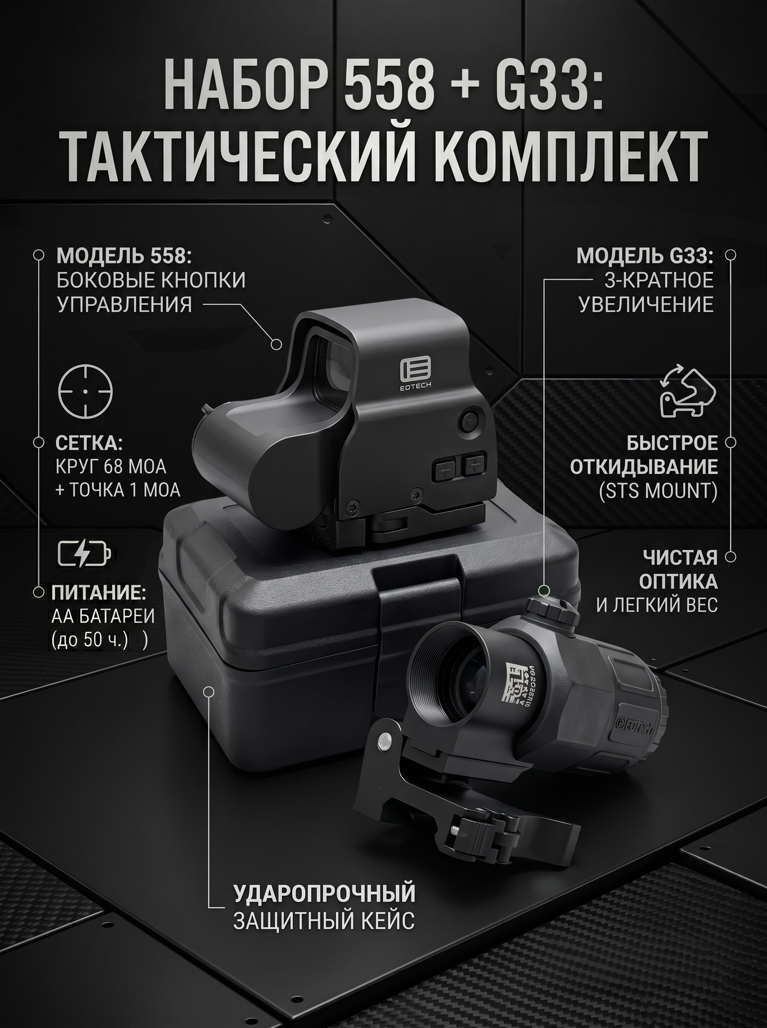 Тактический комплект: Коллиматор 558 + Магнифер G33 (3-кратное увеличение), черный