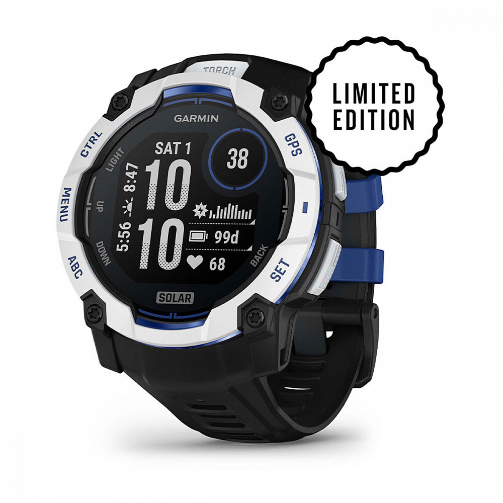 Умные смарт-часы Garmin Instinct 3, 50mm, Solar Whitestone with Black/Bolt Blue Band 010-02935-03