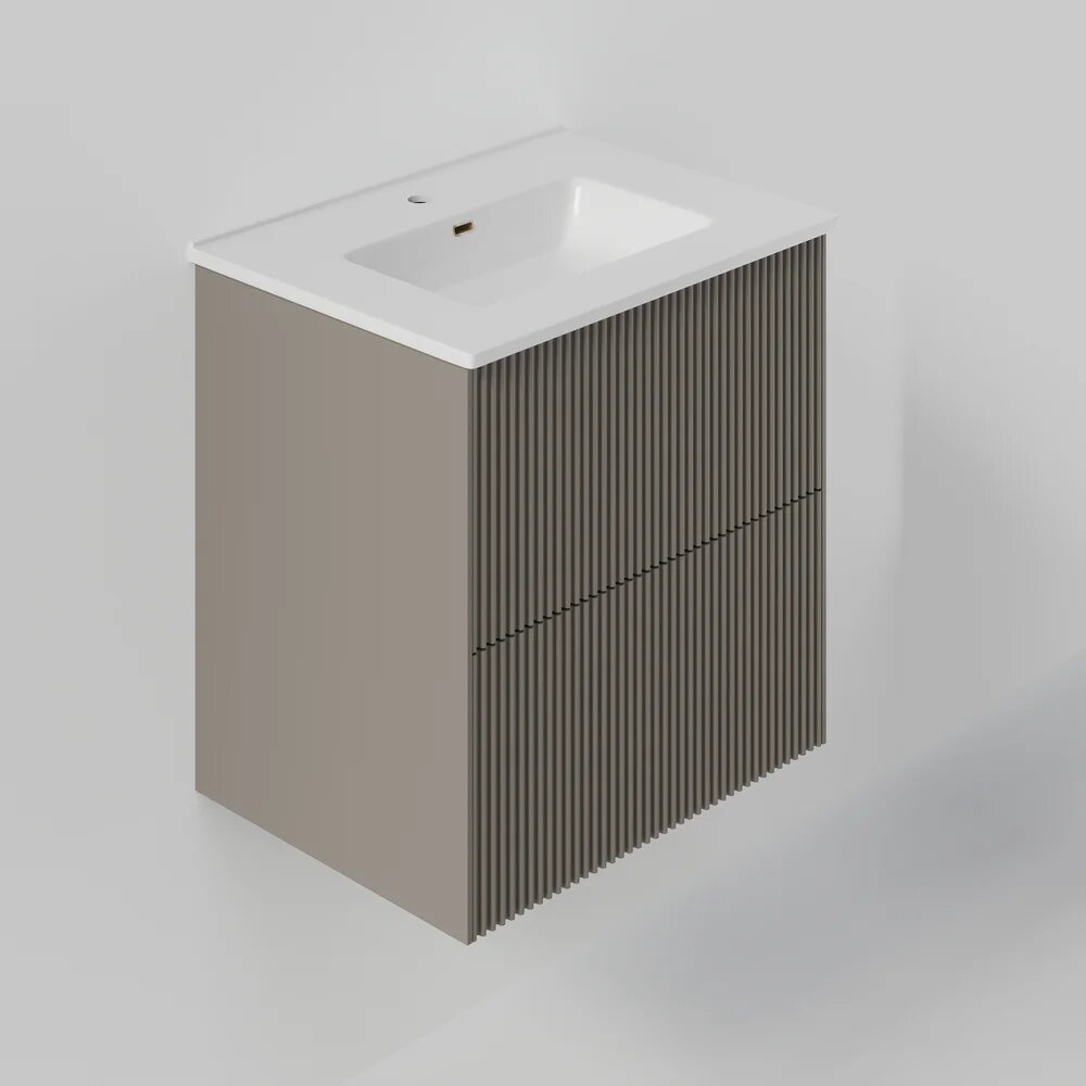 Тумба с раковиной La Fenice Terra Twin 60 подвесная, 61 см, бежевая, матовая, из МДФ, с ящиками, раковина для ванной, фарфоровая, прямоугольная, встроенный слив-перелив