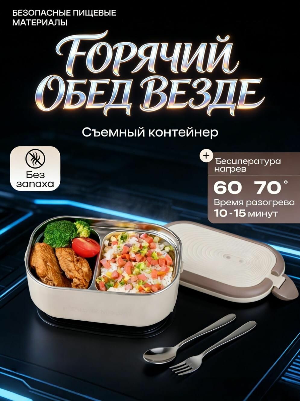 Ланч-бокс с подогревом, герметичный контейнер для еды с отделениями, 1200 мл, нержавеющая сталь и пластик, бежевый цвет