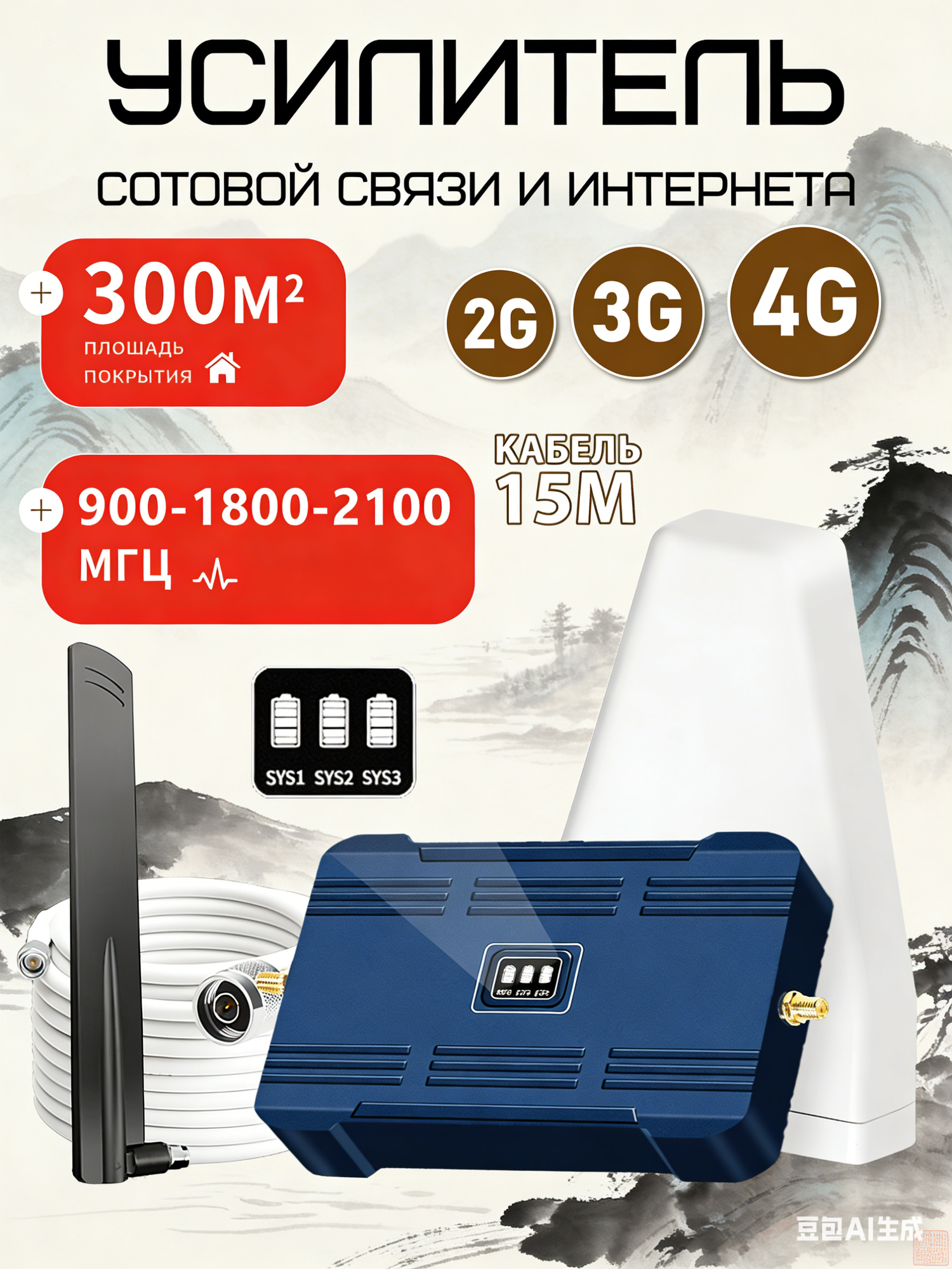 Усилитель сотовой связи 900/1800/2100 МГц (2G/3G/4G): до 70 км, направленный, синий, 1.3 кг