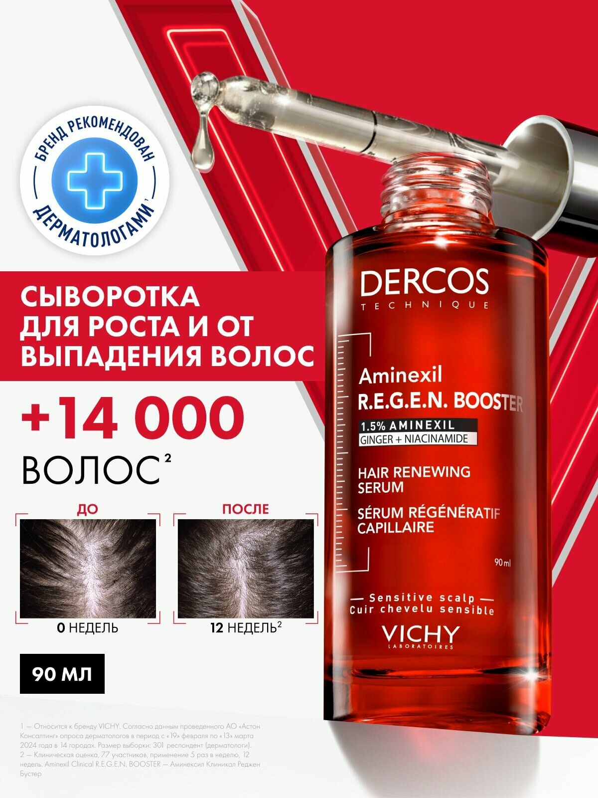 VICHY DERCOS AMINEXIL REGEN Сыворотка для укрепления и роста волос, 90 мл