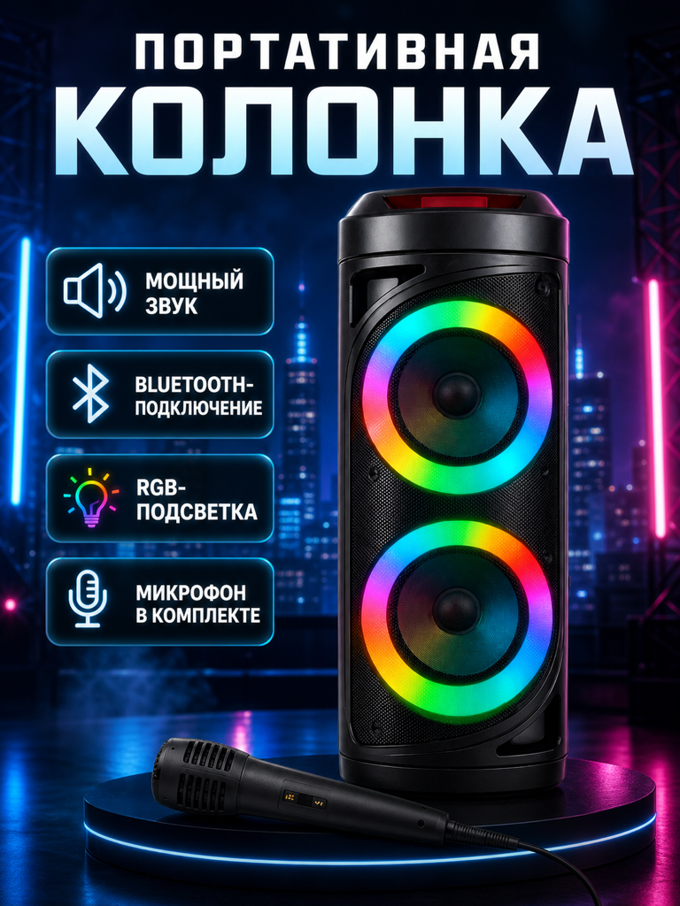 Портативная акустика bluetooth колонка музыкальная беспроводная, большая, мощная, с микрофоном, RGB подсветка, 6212