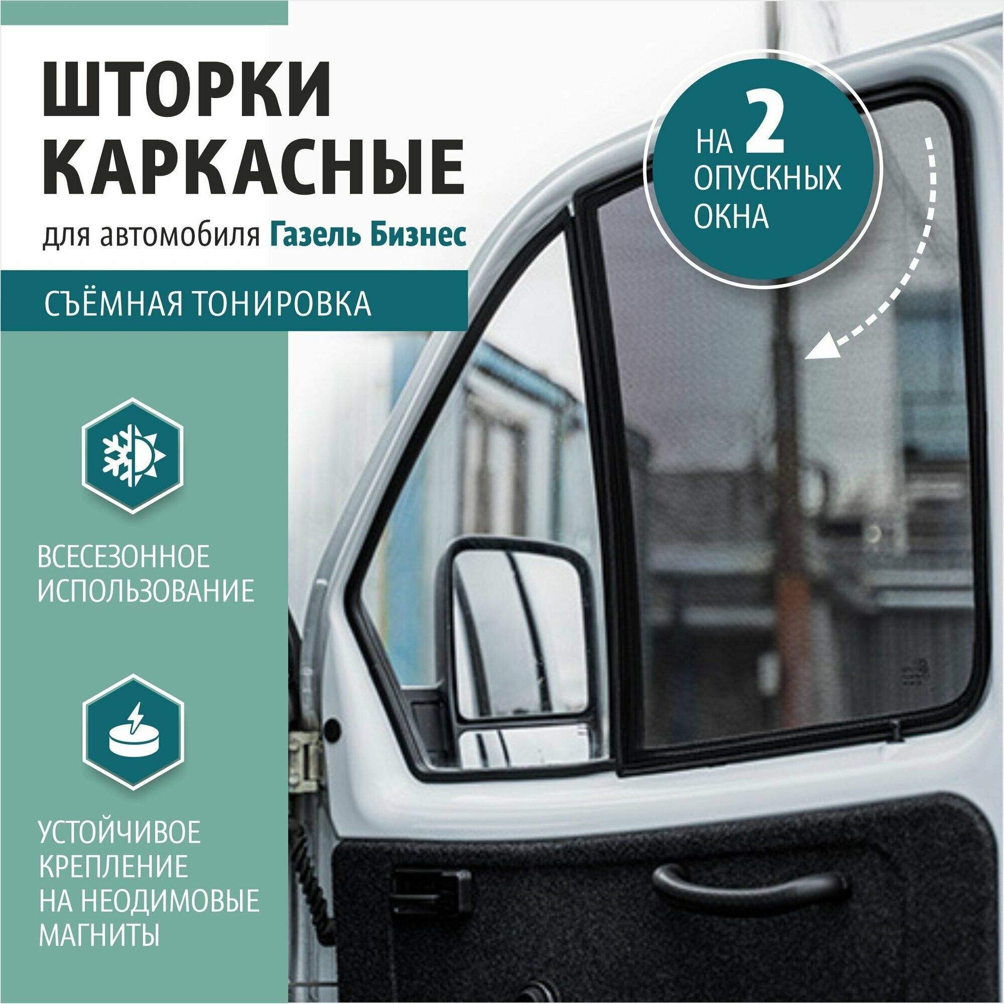 Шторки каркасные (съемная тонировка) для Газель Бизнес (светопропуск 5%) на 2 опускных окна