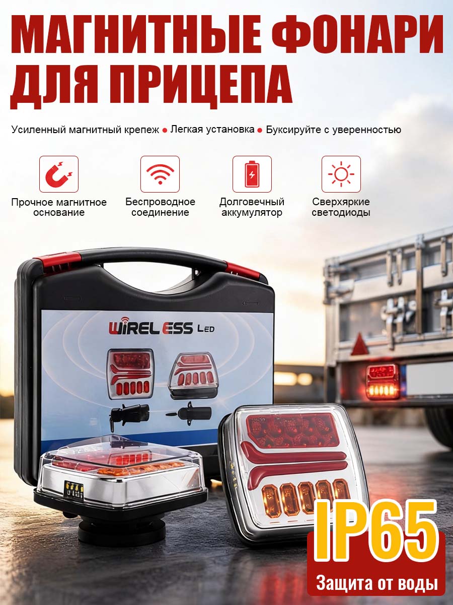 Беспроводной комплект задних фонарей для прицепа магнитный LED 12‑24В IP65, быстрая зарядка, стоп‑сигнал, поворот