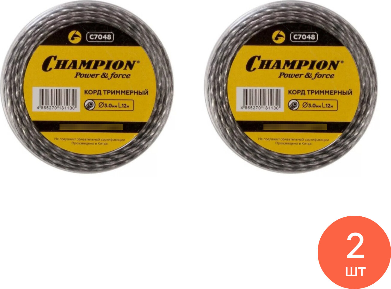 Леска для триммера Champion / Чемпион Tri-Twist витой треугольник, 2-х компонентная, толщина 3мм, 12м / садовая техника (комплект из 2 шт)