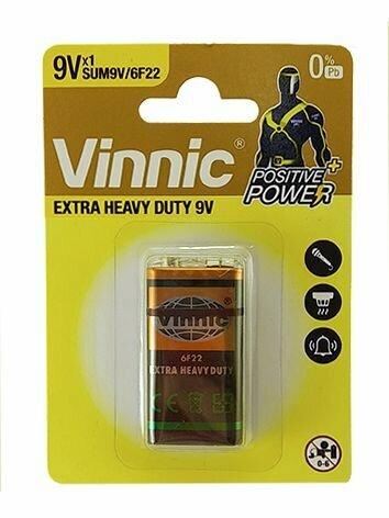 Батарейка (2шт) солевая крона VINNIC 6F22 Extra Heavy Duty 9В